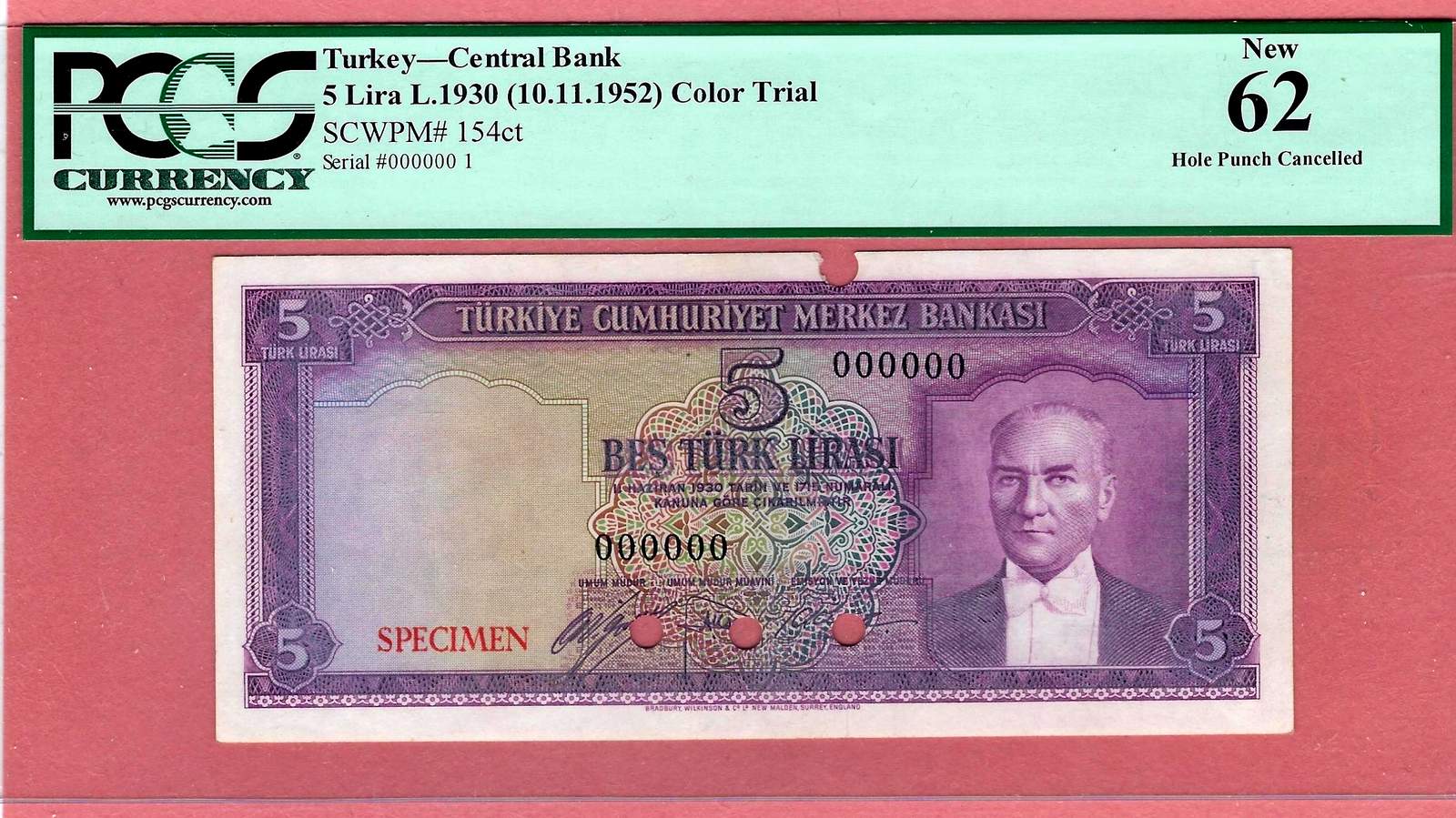 5. EMİSYON 1. TERTİP 5 TL SPECİMEN RENK DENEMESİ PCGS 62 ...
