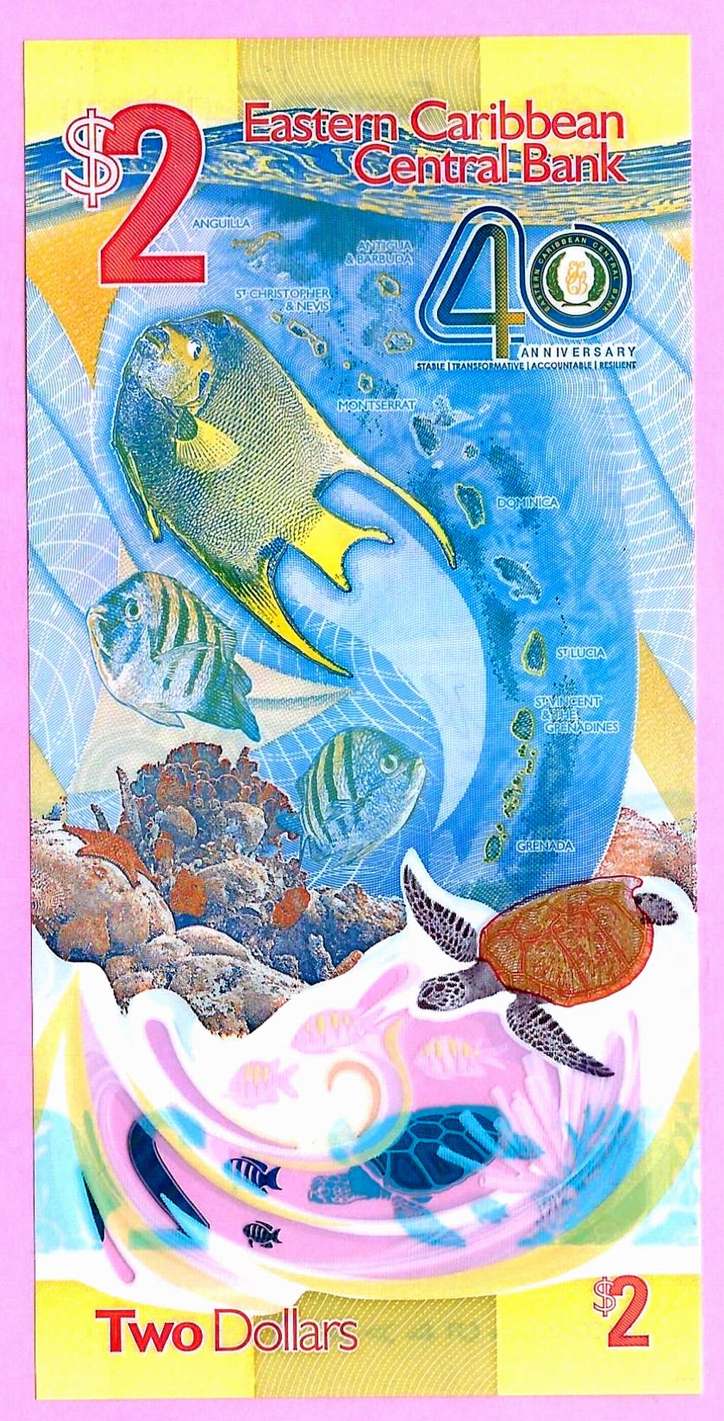 East Caribbean 2 Dollars 2023 2024 40th P 61 Polymer Commemorative UNC ...