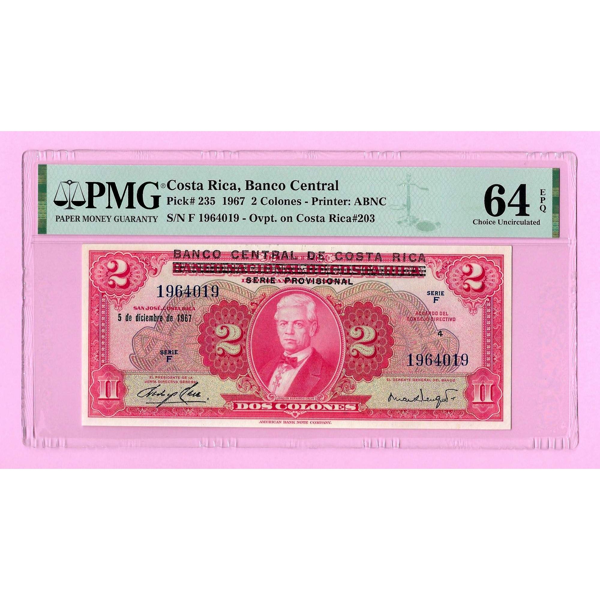 Costa Rica Banco Central 2 Colones Pick235 1967 PMG 64 EPQ Choice UNC ...
