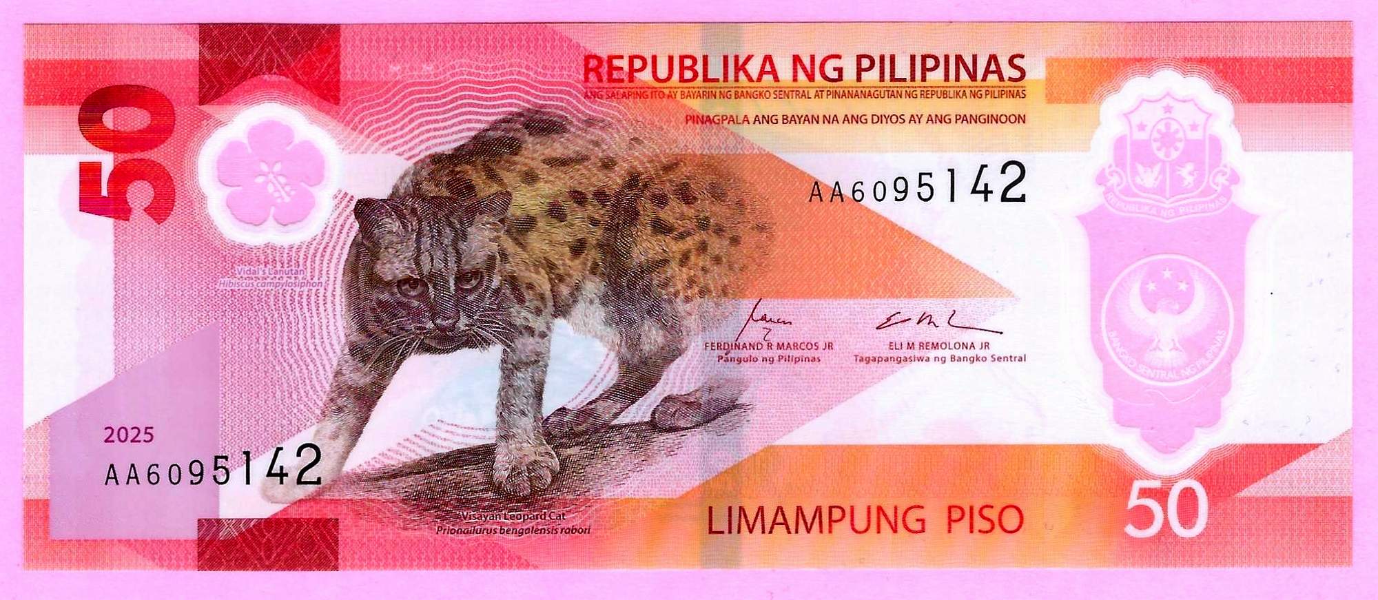 Philippines 50 Peso New Polymer Visayan Spotted Cat Prefix AA 2025 UNC ...