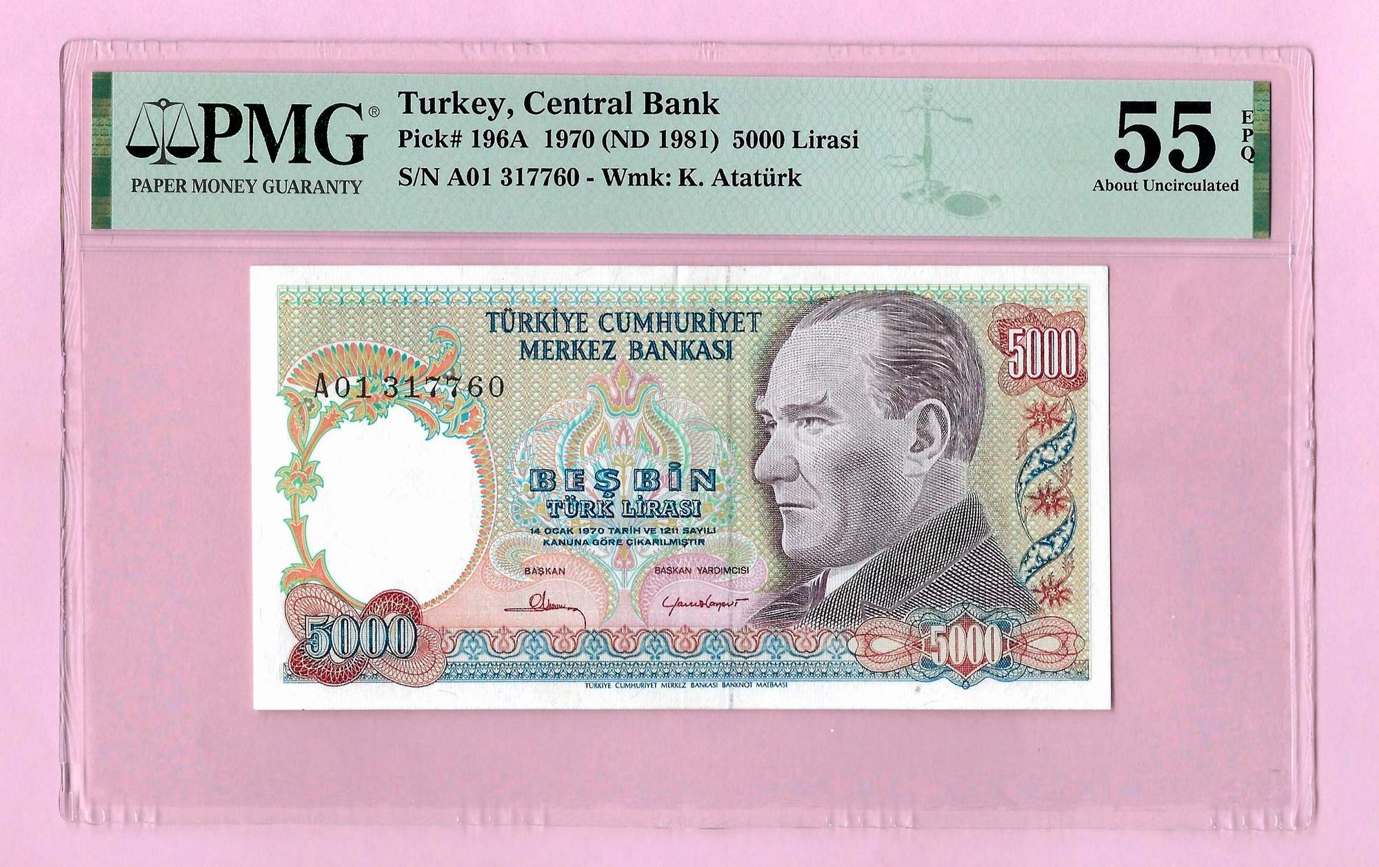 TURKEY 5000 LIRA 1970 P196A PREFIX A01 aUNC PMG 55 EPQ (TK16 642 ...
