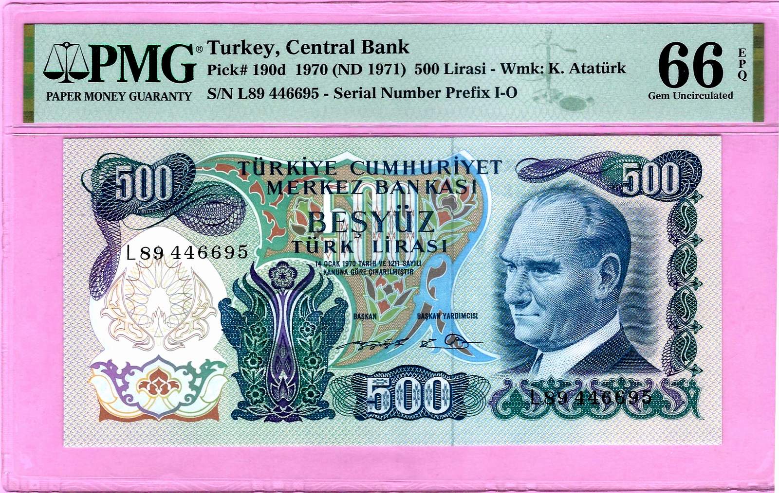 TURKEY 500 TL PREFIX L89 P190d 1970-71 UNC PMG 66 EPQ ...